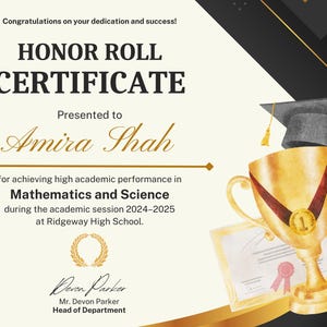 Honor Roll Certificate Template | Canva Editable Academic Subject Award ...