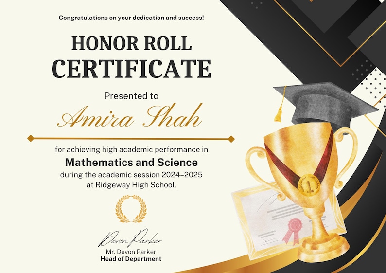 Honor Roll Certificate Template | Canva Editable Academic Subject Award ...