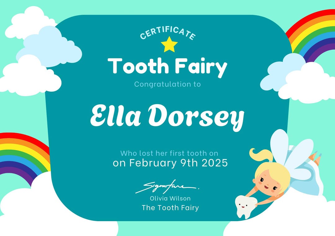 Tooth Fairy Certificate Template for First Lost Tooth | Editable Canva ...