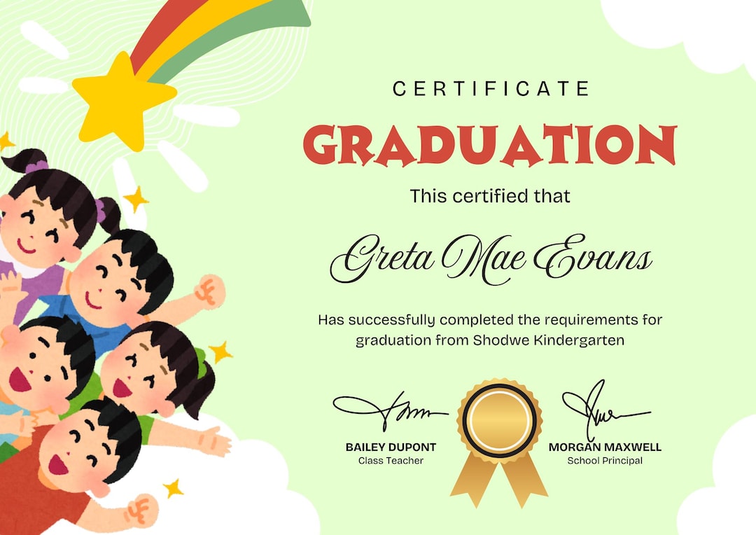 Kindergarten Graduation Certificate Template | Canva Editable | Cute ...