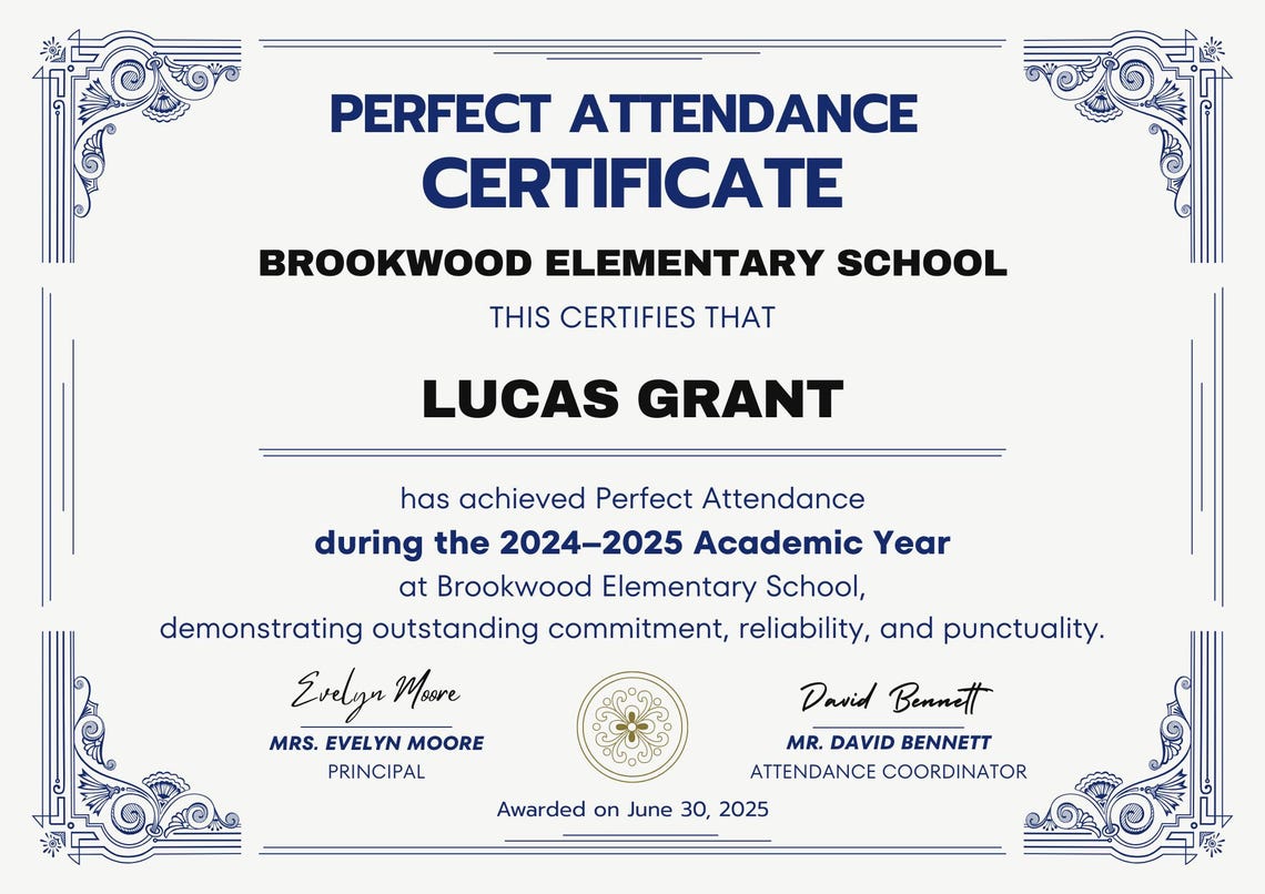 Perfect Attendance Certificate Template | Canva Editable School Award ...