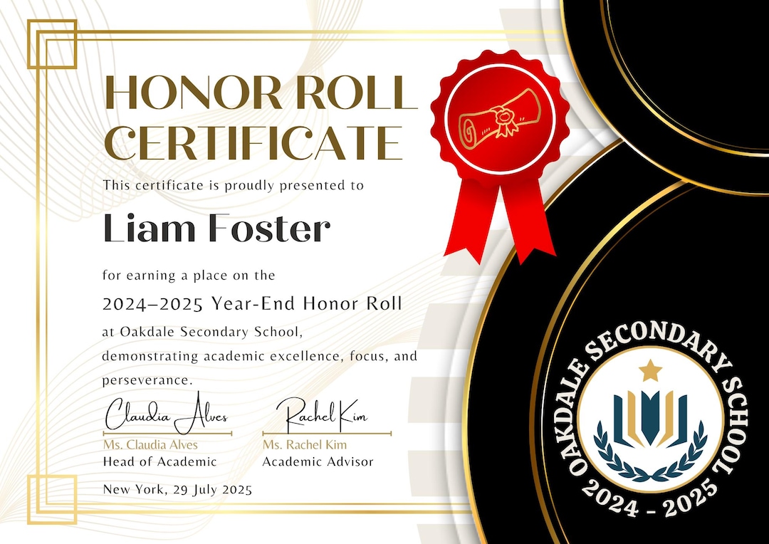Year-end Honor Roll Certificate Template | Canva Editable School Award ...