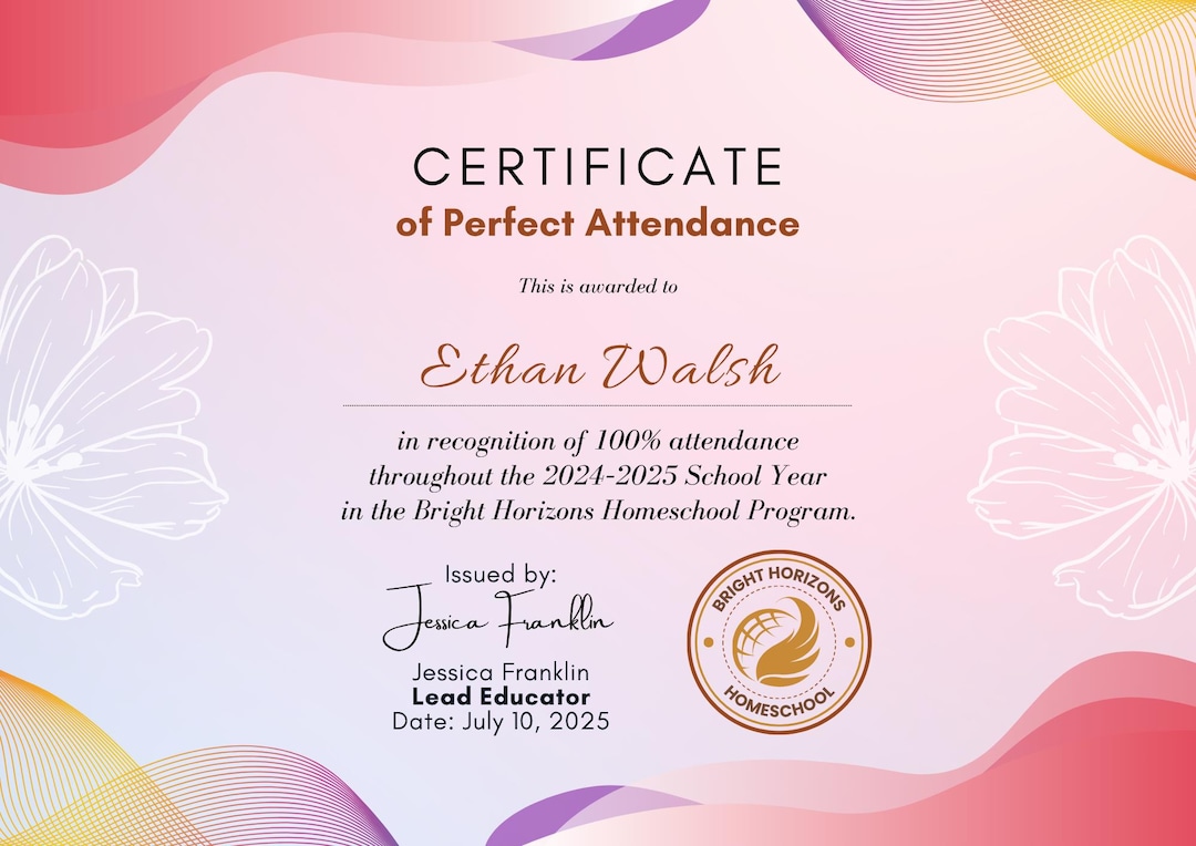 Homeschool Perfect Attendance Certificate Template | Editable Canva ...