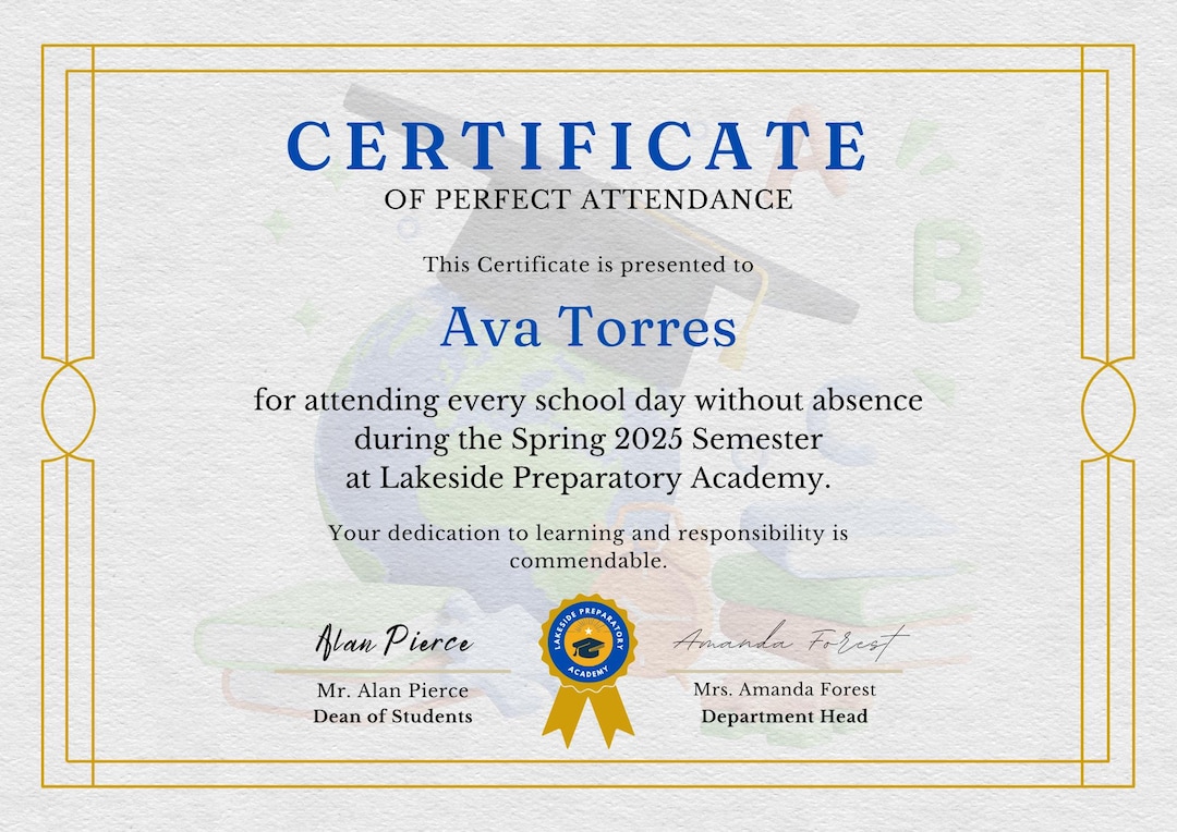 Perfect Attendance Certificate Template | Editable Canva Award | School ...