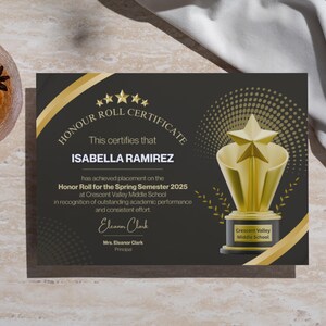 Honor Roll Certificate Template | Canva Editable Academic Award | Gold ...