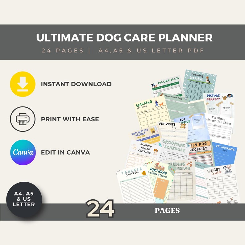Dog Care Planner Printable | 24 Pages | A4, A5, US Letter | Pet Health ...