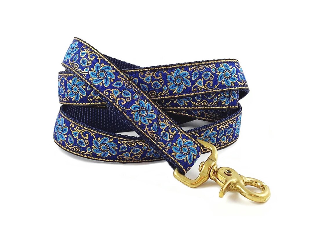 Blue, Turquoise & Metallic Gold Floral Dog Leash - Matching Lead ...