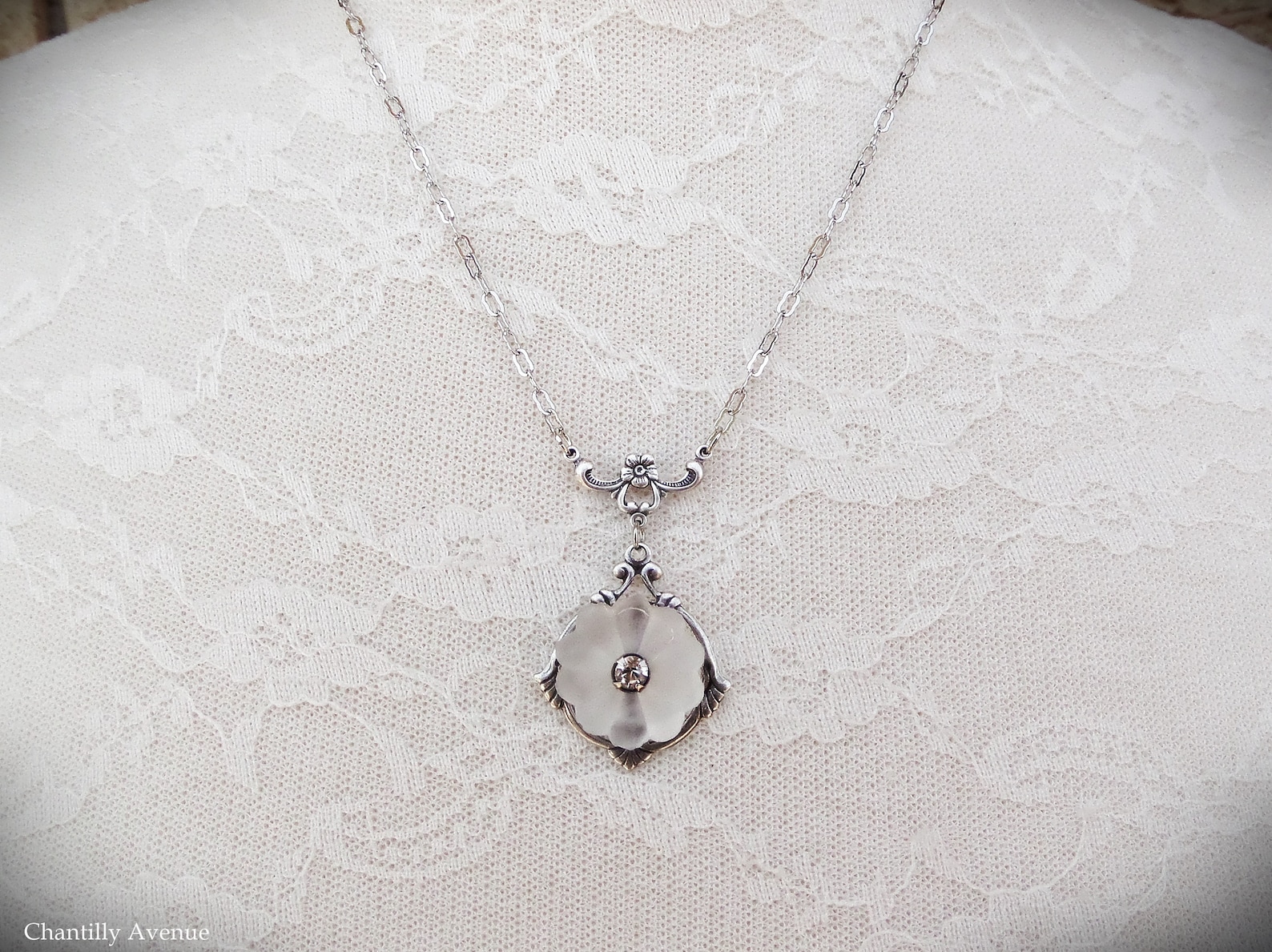 Camphor Glass Flower Necklace: Art Deco Silver Filigree Jewelry - Etsy