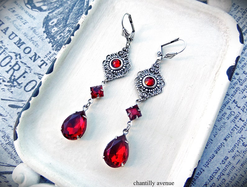 Ruby Red Art Deco Earrings: Handmade Filigree Victorian Jewelry - Etsy