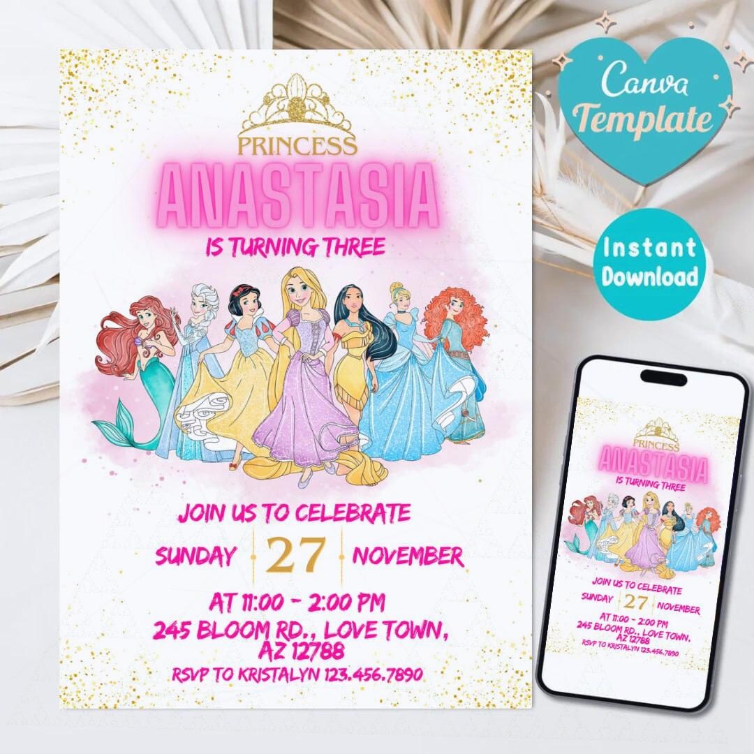 Editable Princess Birthday Invitation Princess Invitation Princess ...