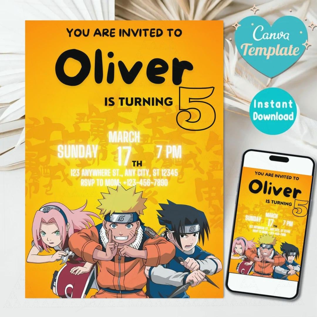 Naruto Birthday Invitation, Anime Party Canva Template, Editable ...
