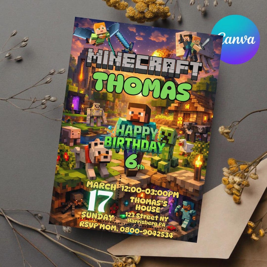 Editable Pixel Birthday Invitation Block Party Invite Gamer Birthday ...