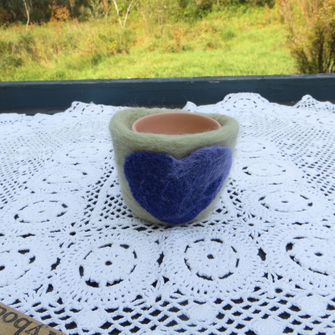 Needle Felted Pot With a Big Purple Heart Handmade Needle Felted Small ...