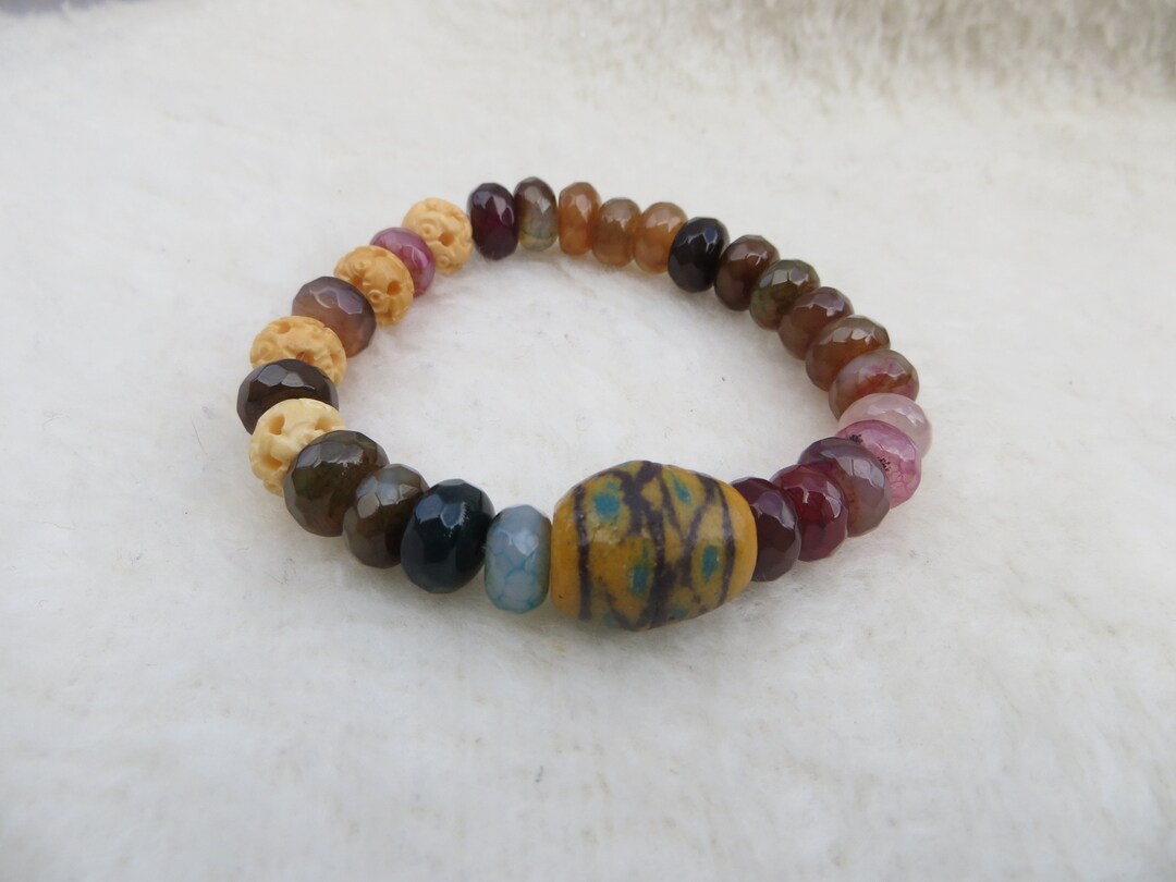 Natural Stone Bracelet Stretchy Bracelet Trade Bead, Carved Stone Beads ...