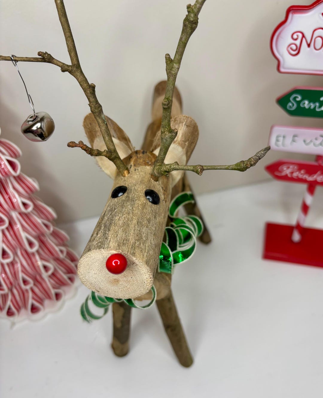 Handmade Rustic Wood Reindeer Christmas Decoration: Twig Antlers, Red ...
