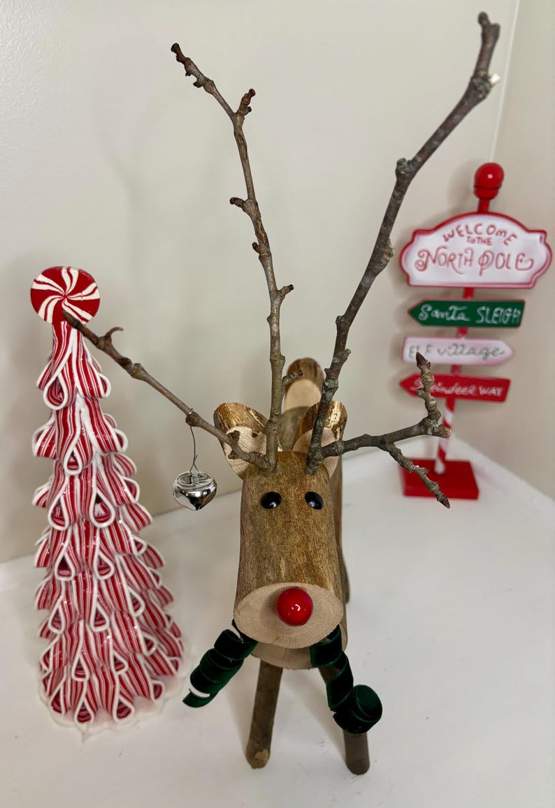 Handmade Rustic Wood Reindeer Christmas Decoration: Twig Antlers, Red ...
