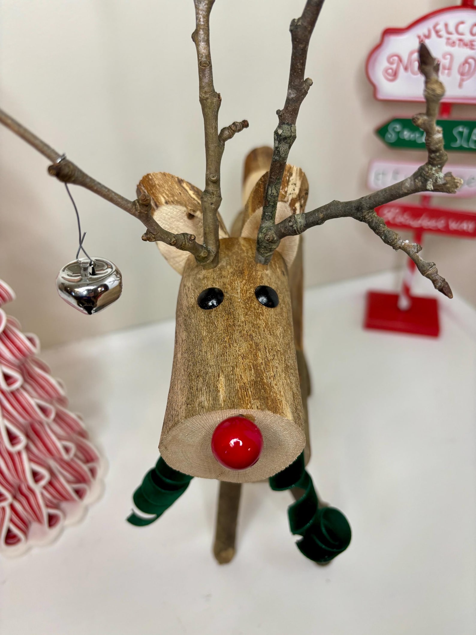 Handmade Rustic Wood Reindeer Christmas Decoration: Twig Antlers, Red ...