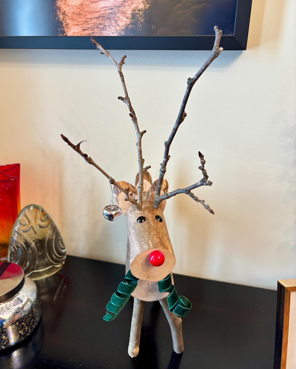 Handmade Rustic Wood Reindeer Christmas Decoration: Twig Antlers, Red ...