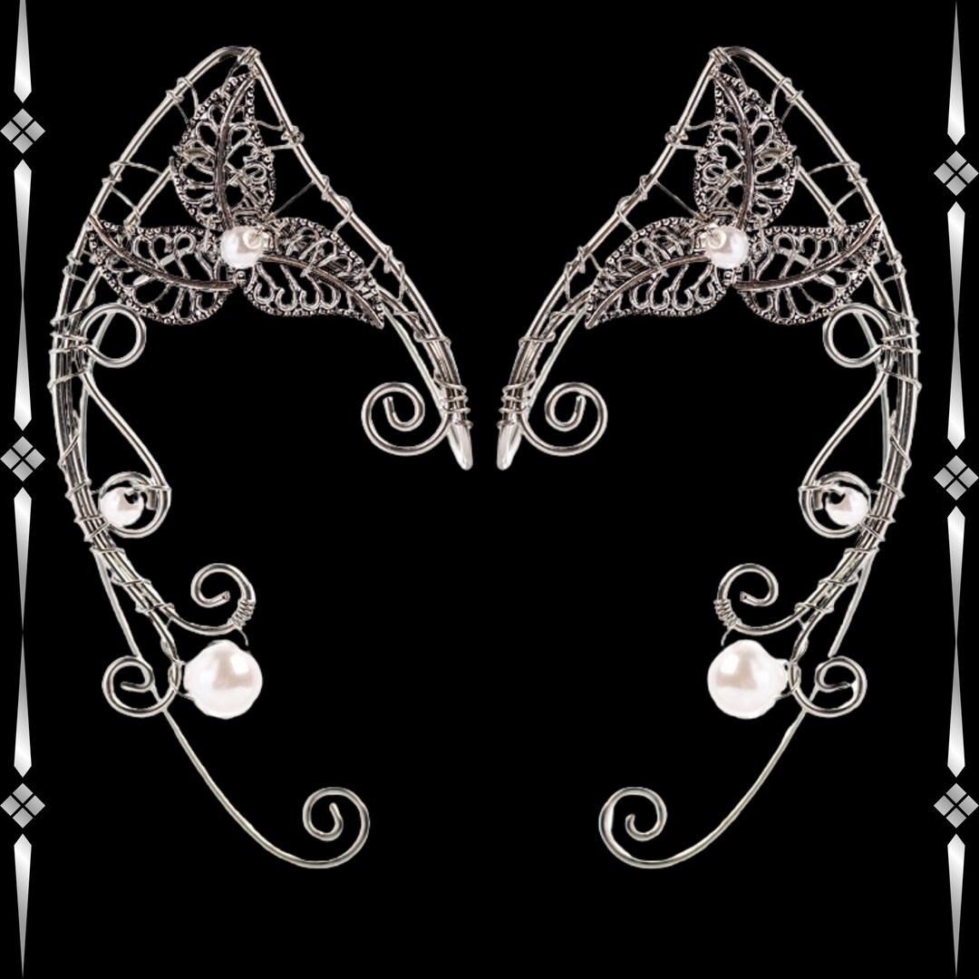 Silver Elf Ear Cuffs With Pearls – Fantasy Filigree Wire Earrings ...