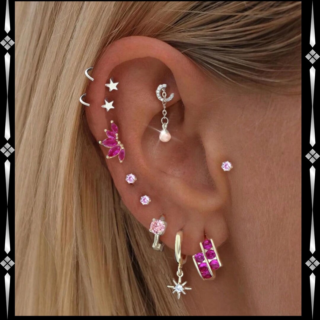Pink Gemstone Star Moon Ear Piercing Set: CZ Crystal Huggie Hoops - Etsy