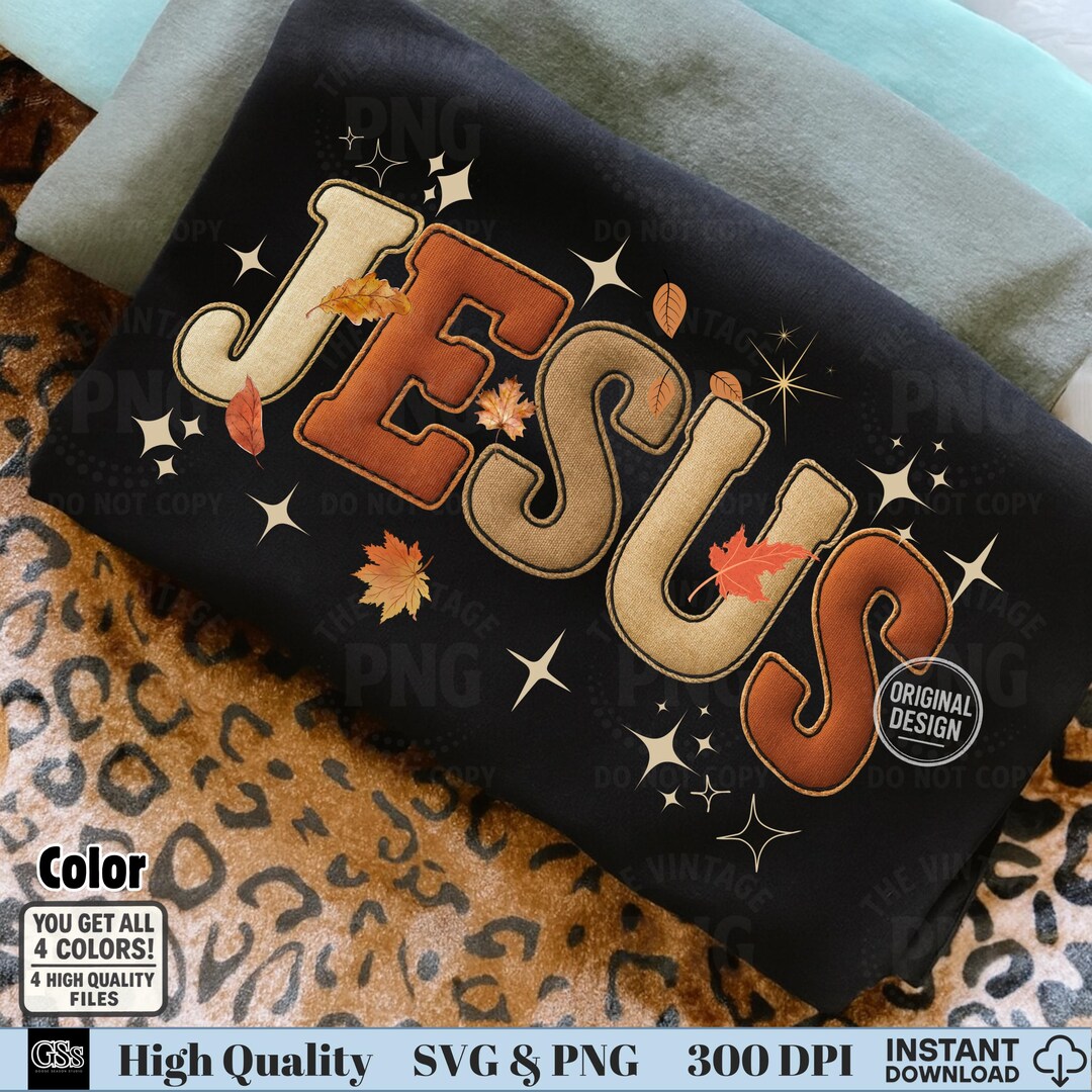 JESUS Patchwork PNG, Vintage Fabric Appliqué Letters, Christian Fall ...