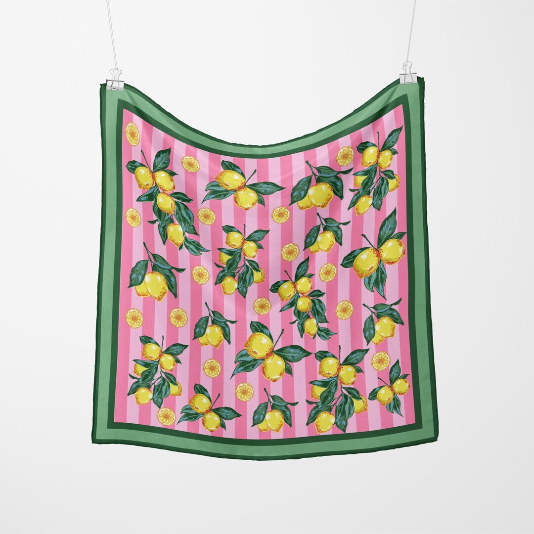 Lemon Silk Scarf, Pink Striped Lemon Bandana, Cute Neckerchief, Lemon ...
