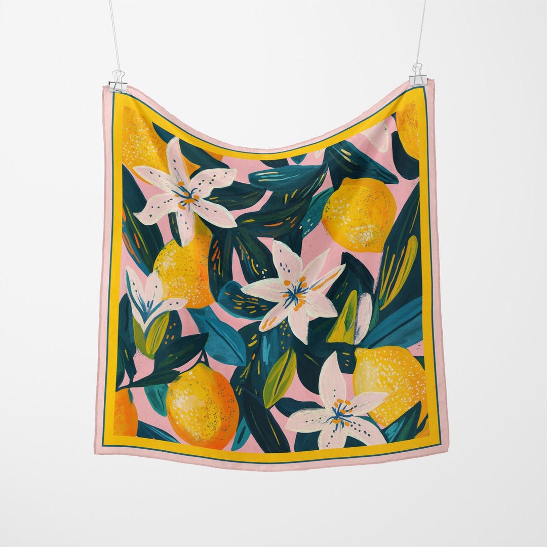 100% Silk Lemon Scarf, Pure Silk Neck Scarf, Silk Bandanna, Silk ...