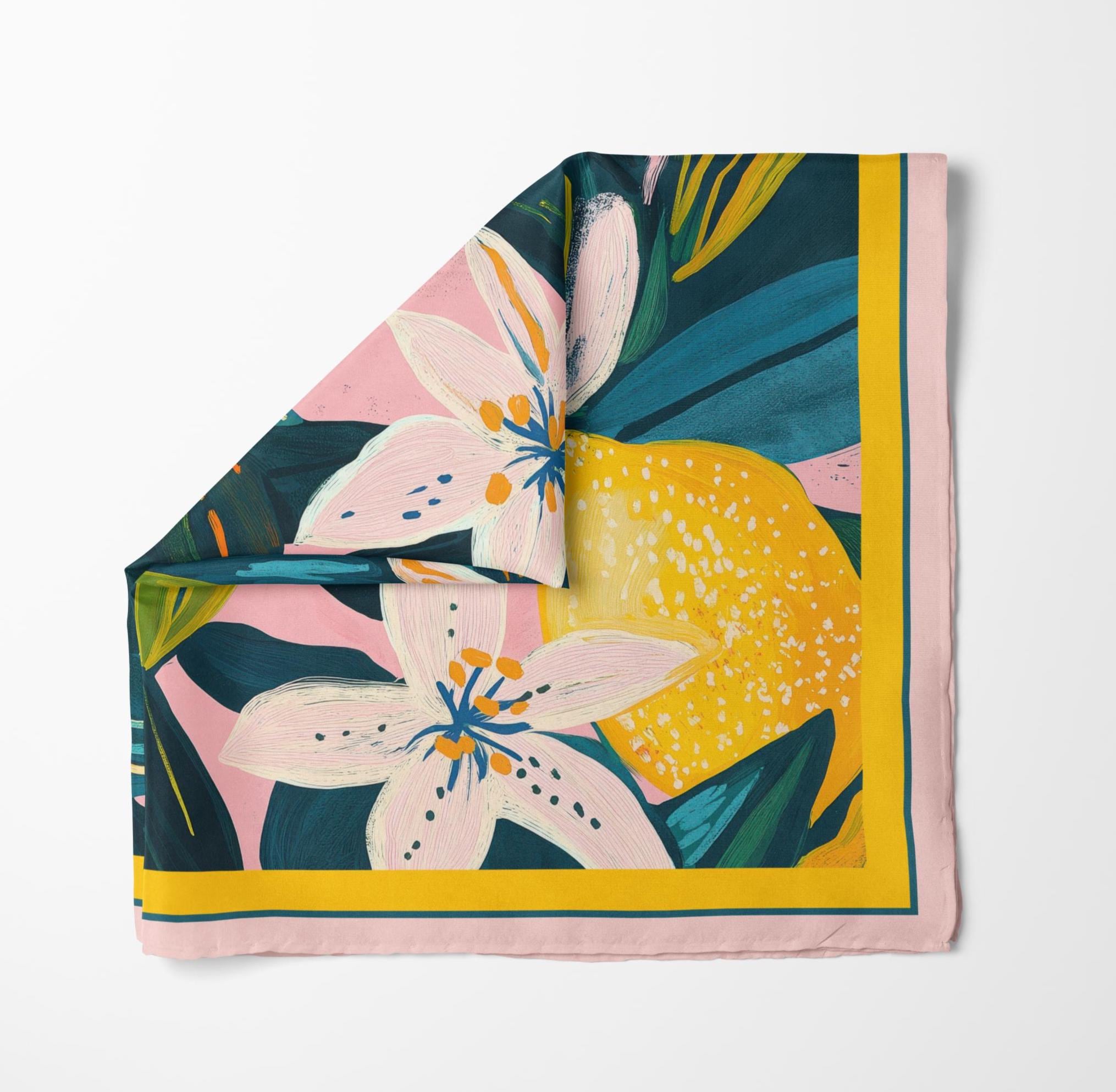 100% Silk Lemon Scarf, Pure Silk Neck Scarf, Silk Bandanna, Silk ...