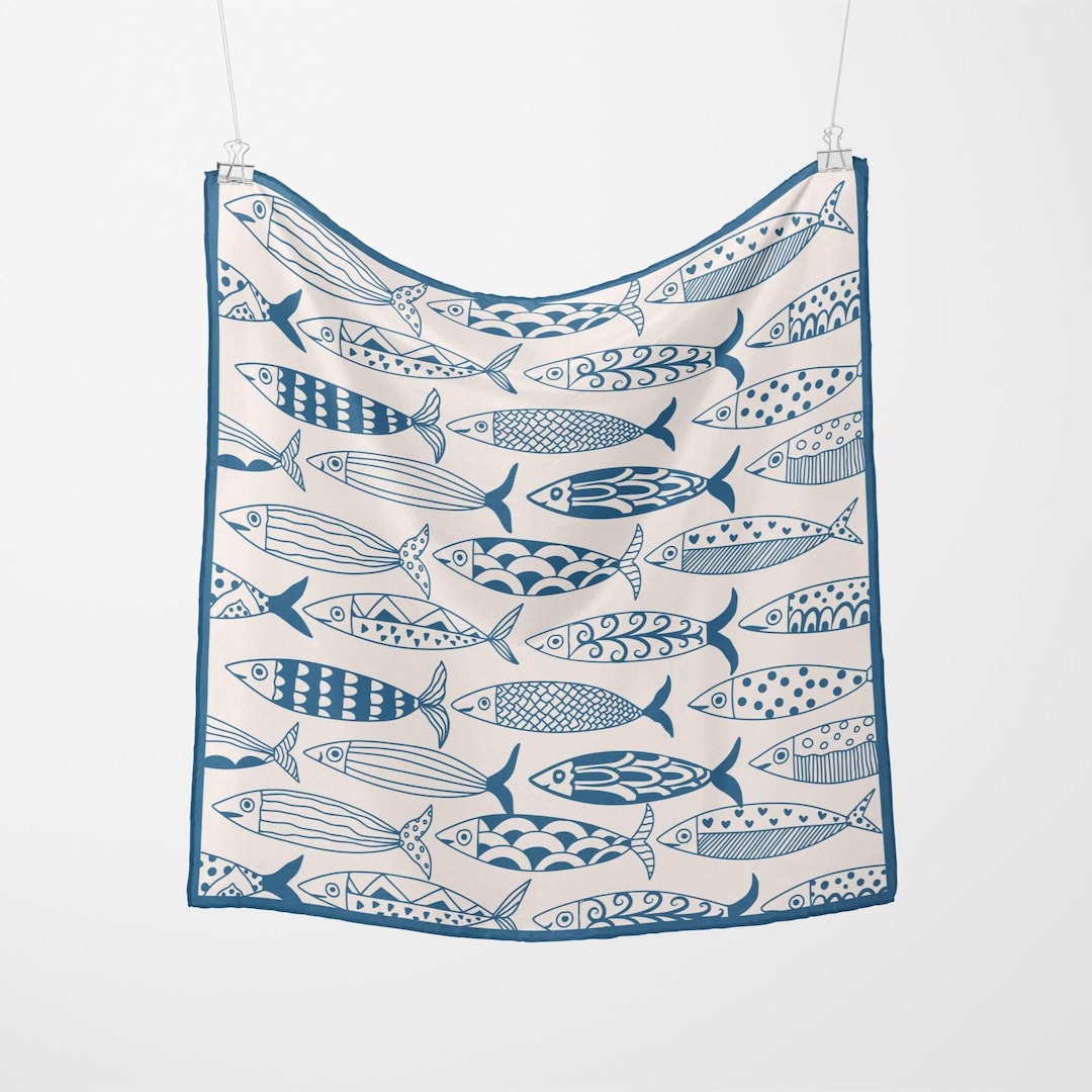 100% Silk Sardine Scarf, Fish Patterned Neckerchief, Sardine Bandana ...