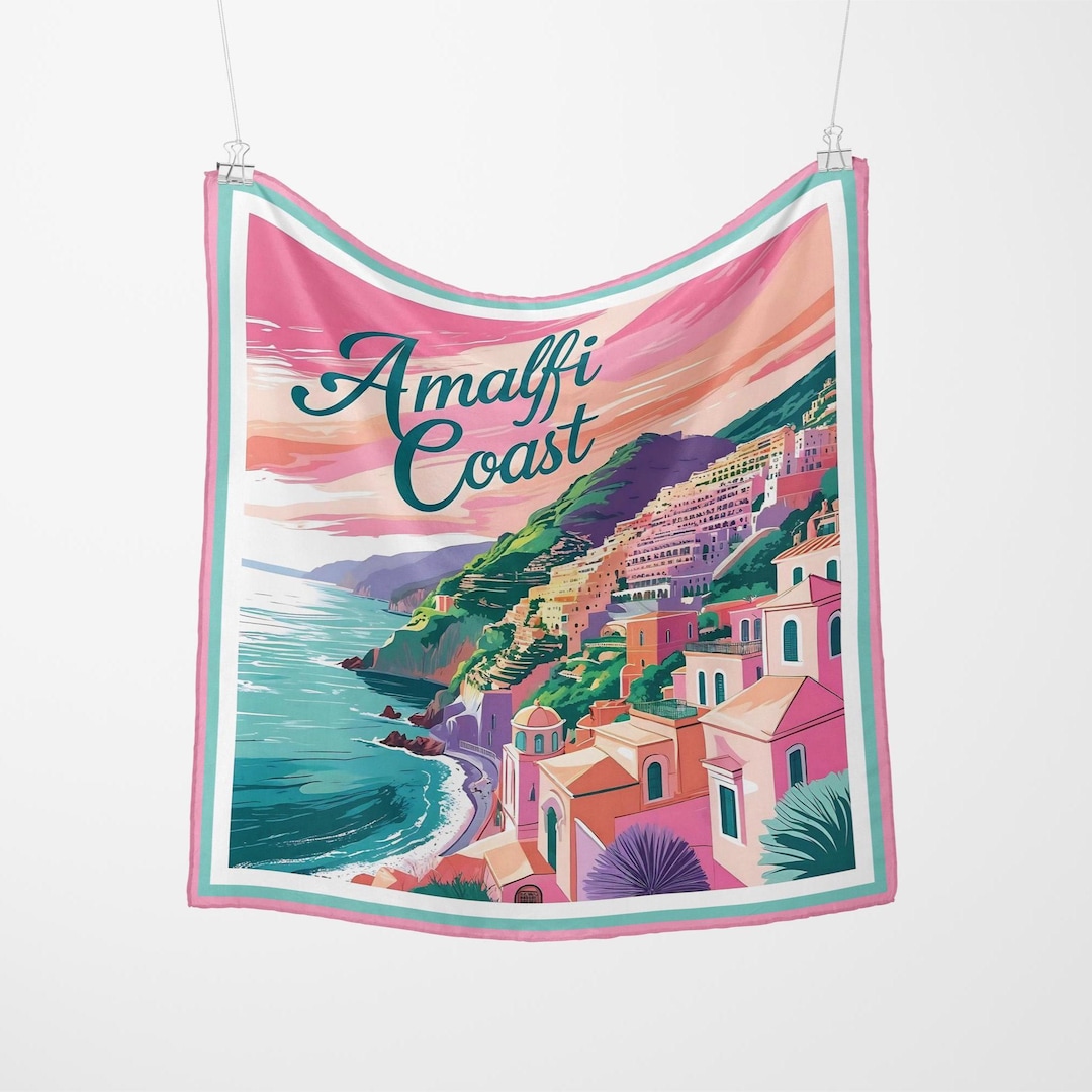 Pink Amalfi Coast Silk Scarf, Ocean Print Neckerchief, Pink and Green ...