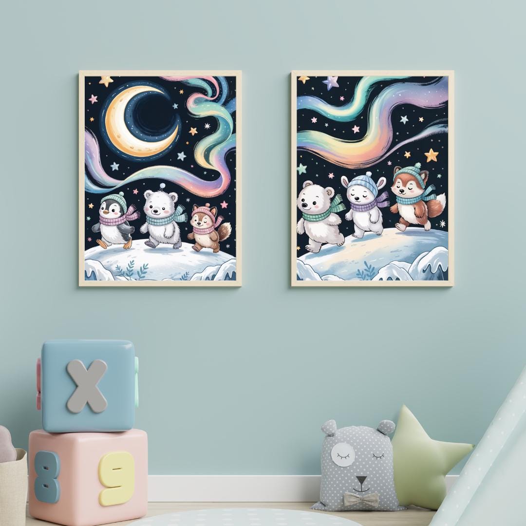 Arctic Bedtime Parade – Whimsical Winter Nursery Wall Art, Digital ...