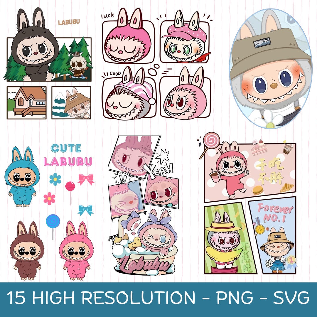Labubu Sublimation PNG Bundle – 15 Cute Cartoon Designs for T-shirts ...