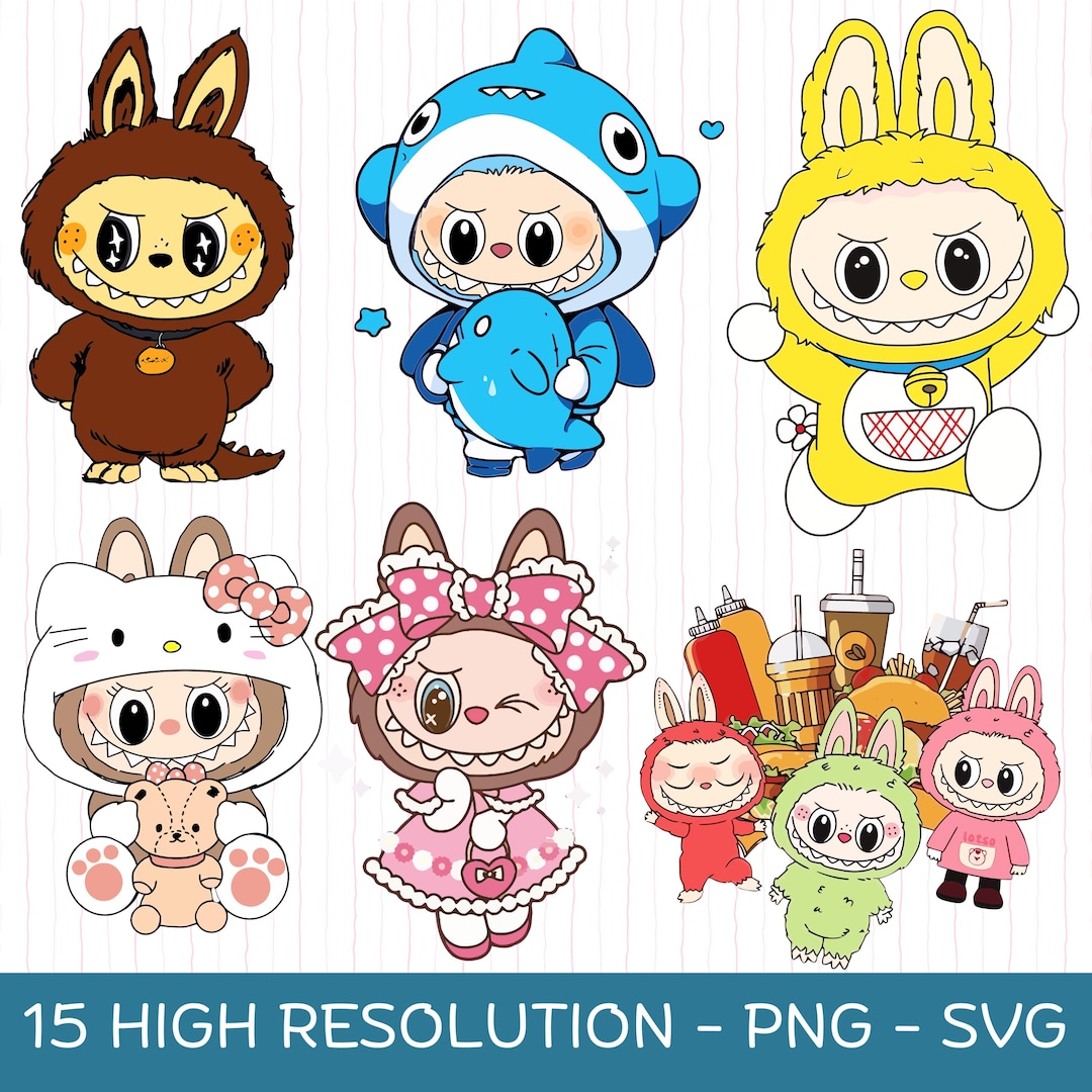Cute Labubu Clipart Bundle | 15 HR PNG & SVG | Kawaii Bunny Costumes ...