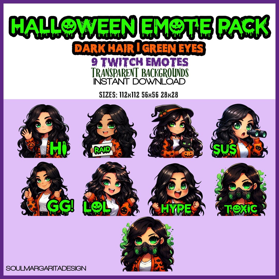 9 Halloween Fall Autumn Chibi Dark Hair Green Eyes Twitch Emotes Pack ...