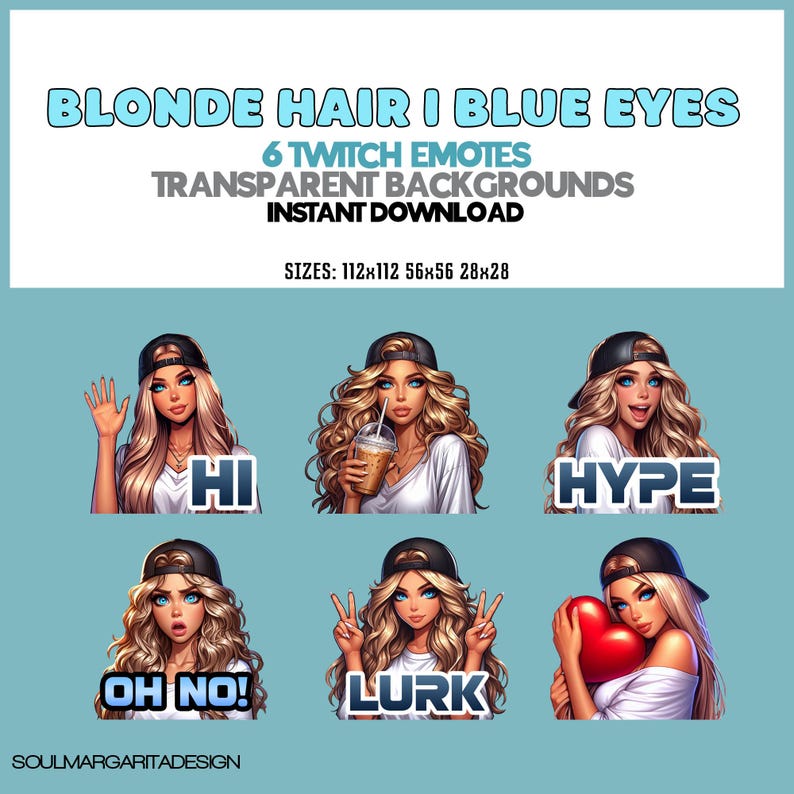 6 Blonde Hair Blue Eyes Twitch Emotes Pack • Straight Wavy Hair ...