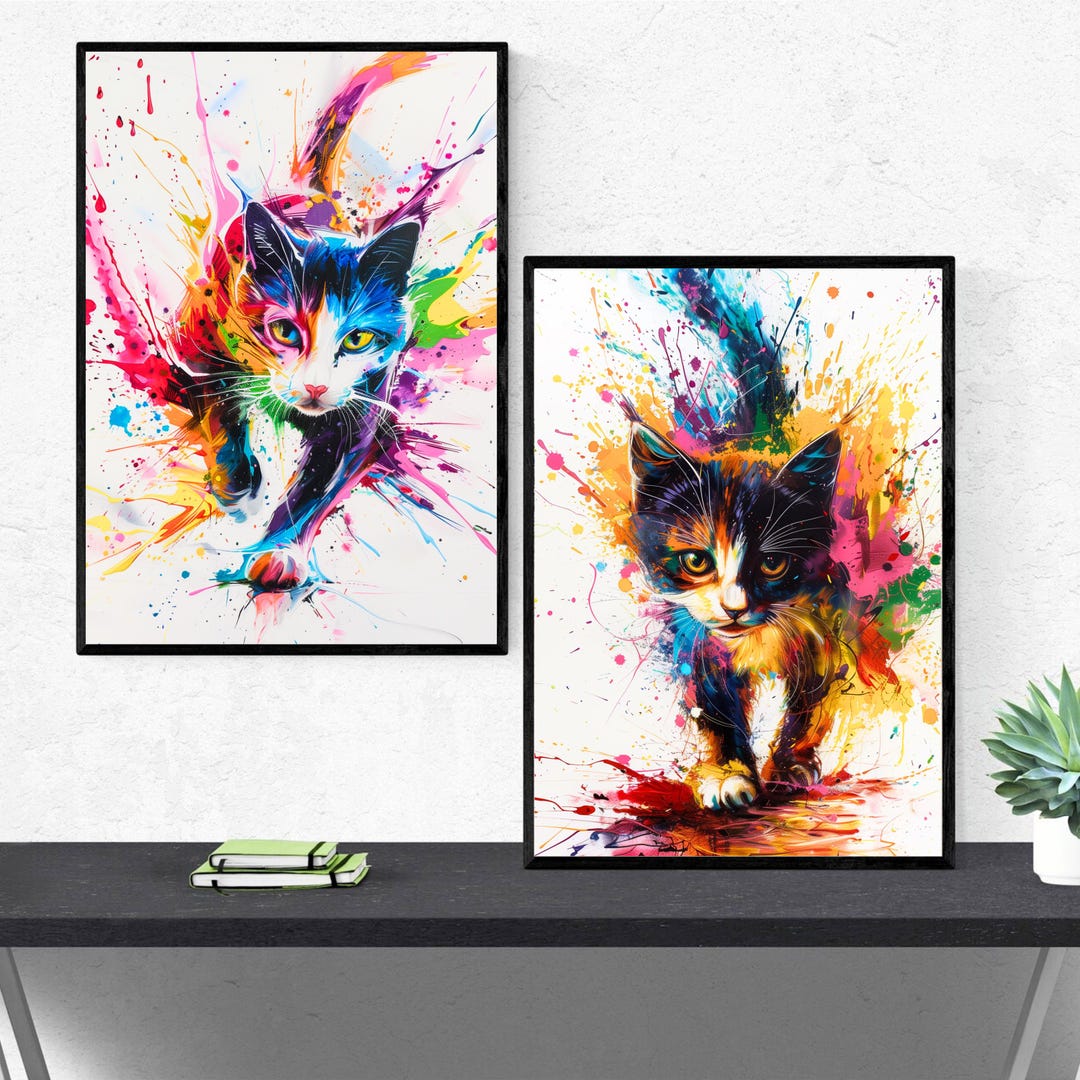 Printable Wall Decor: Cats in Splashed Paint Wall Art, Digital Poster ...