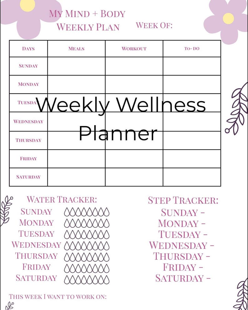 Printable Weekly Wellness Planner PDF – Self-care, Fitness, Meals ...