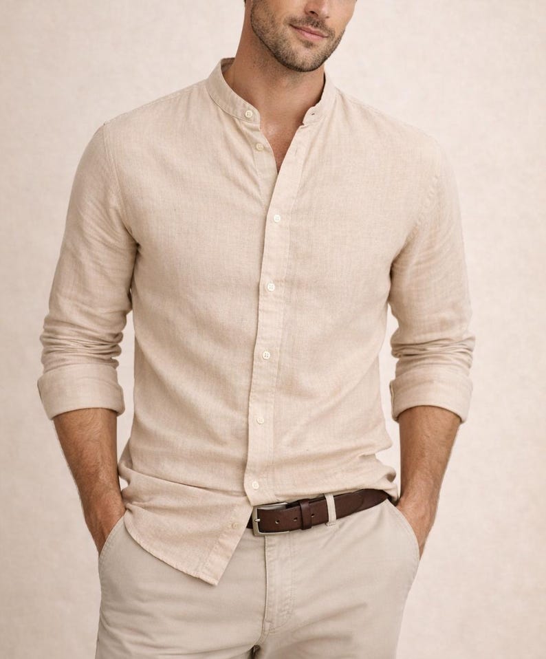 Mens Linen Shirt With Band Collar: Lightweight Long Sleeve Top - Etsy