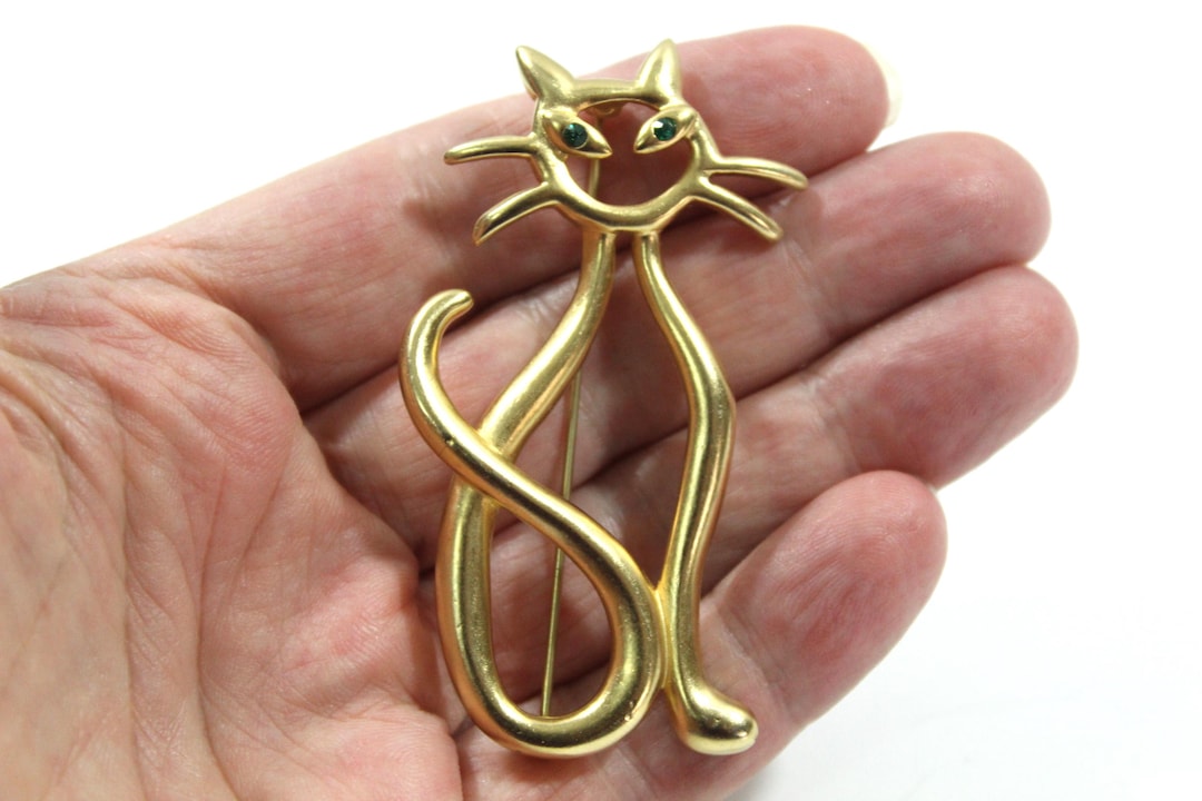 1990s Fernando Original Cat Brooch, Goldtone Green Eyed Cat Pin Clip ...