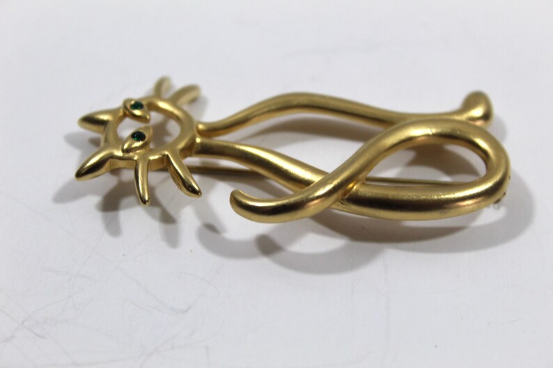 1990s Fernando Original Cat Brooch, Goldtone Green Eyed Cat Pin Clip ...
