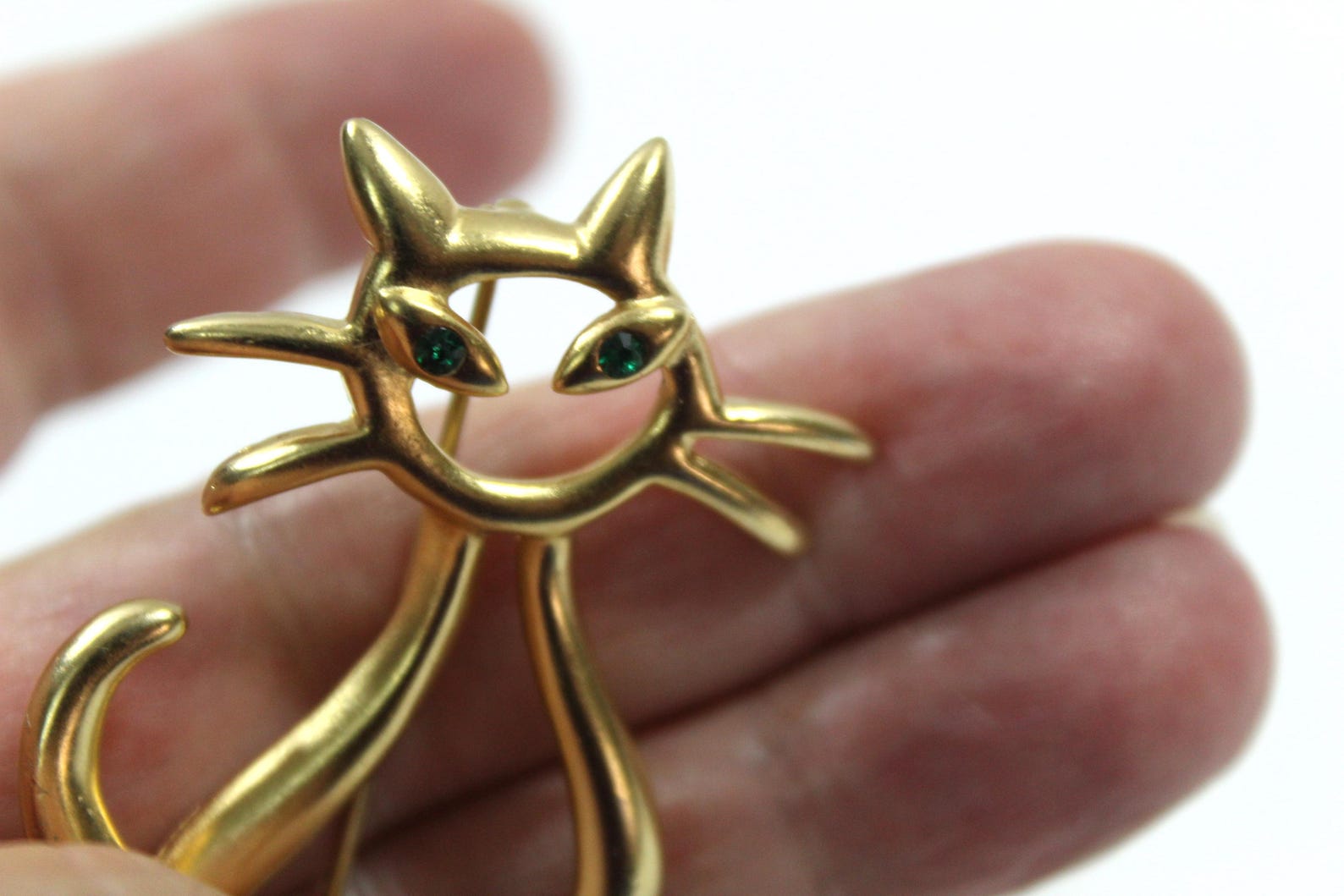 1990s Fernando Original Cat Brooch, Goldtone Green Eyed Cat Pin Clip ...
