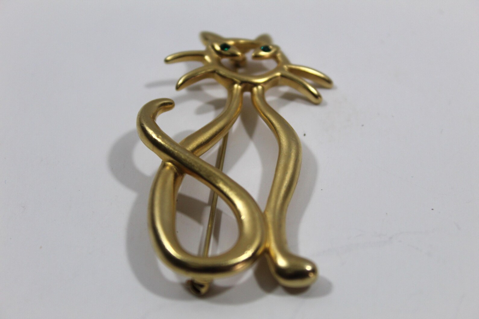 1990s Fernando Original Cat Brooch, Goldtone Green Eyed Cat Pin Clip ...