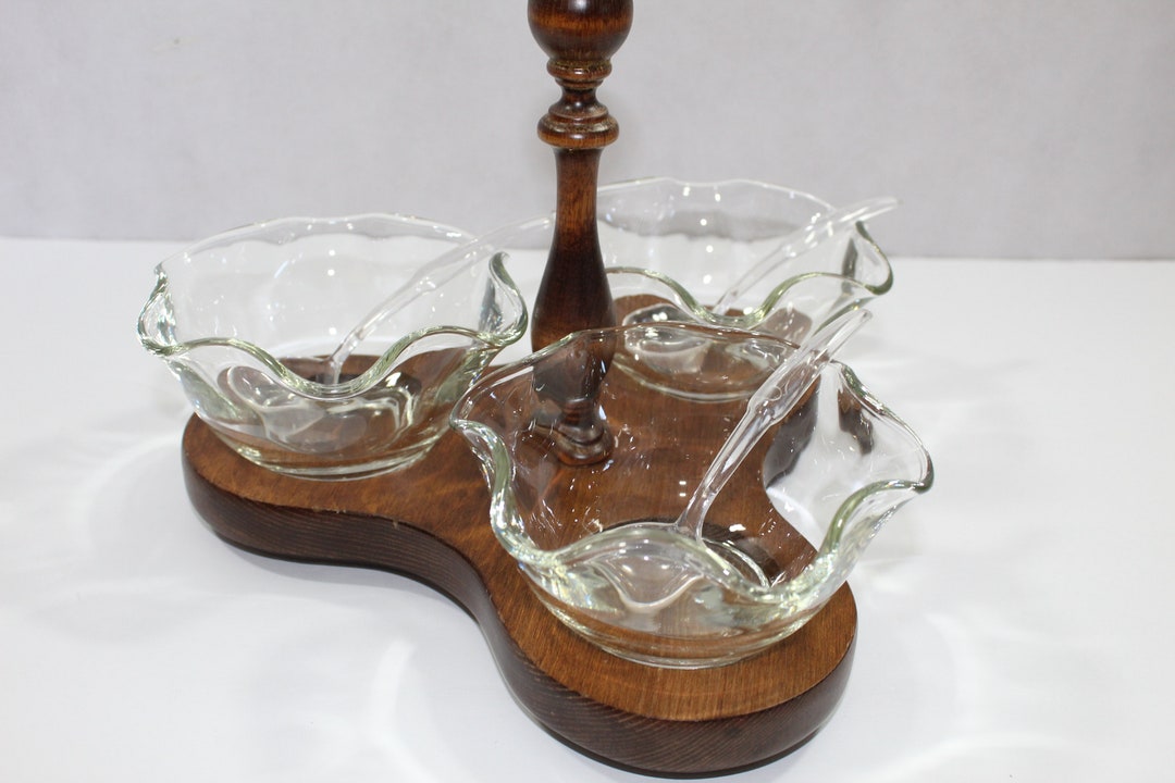 Vintage Continental Wood Condiment Server Caddy, Glass Dishes and ...