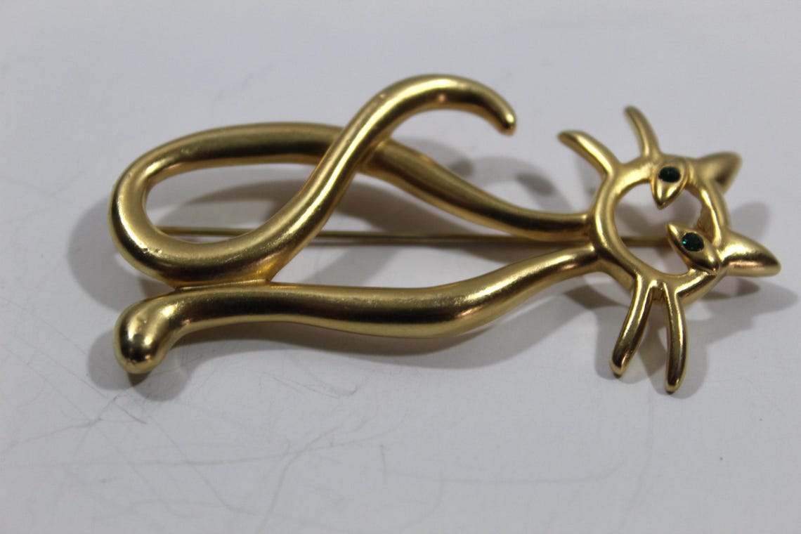 1990s Fernando Original Cat Brooch, Goldtone Green Eyed Cat Pin Clip ...
