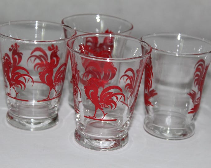 4 Vintage Rooster Chicken Juice Glasses, Libbey Glass Red Chickens Red ...
