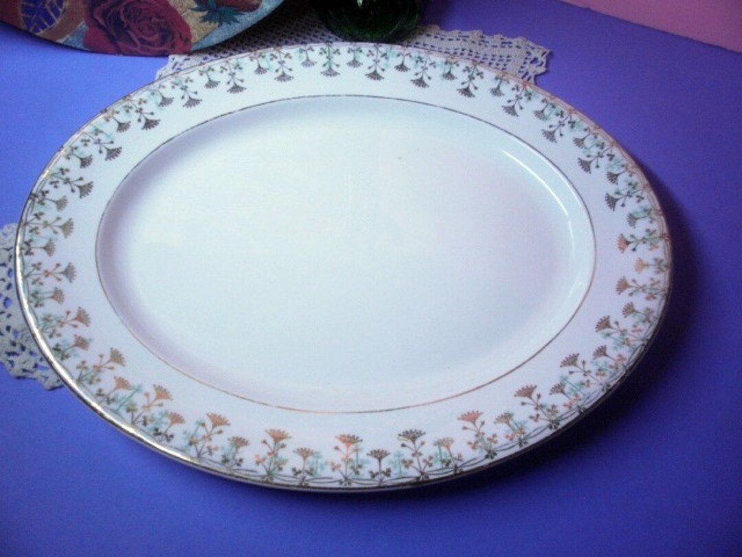 Vintage Oval Turkey Platter, Knowles Taylor & Knowles Co Green and Gold ...