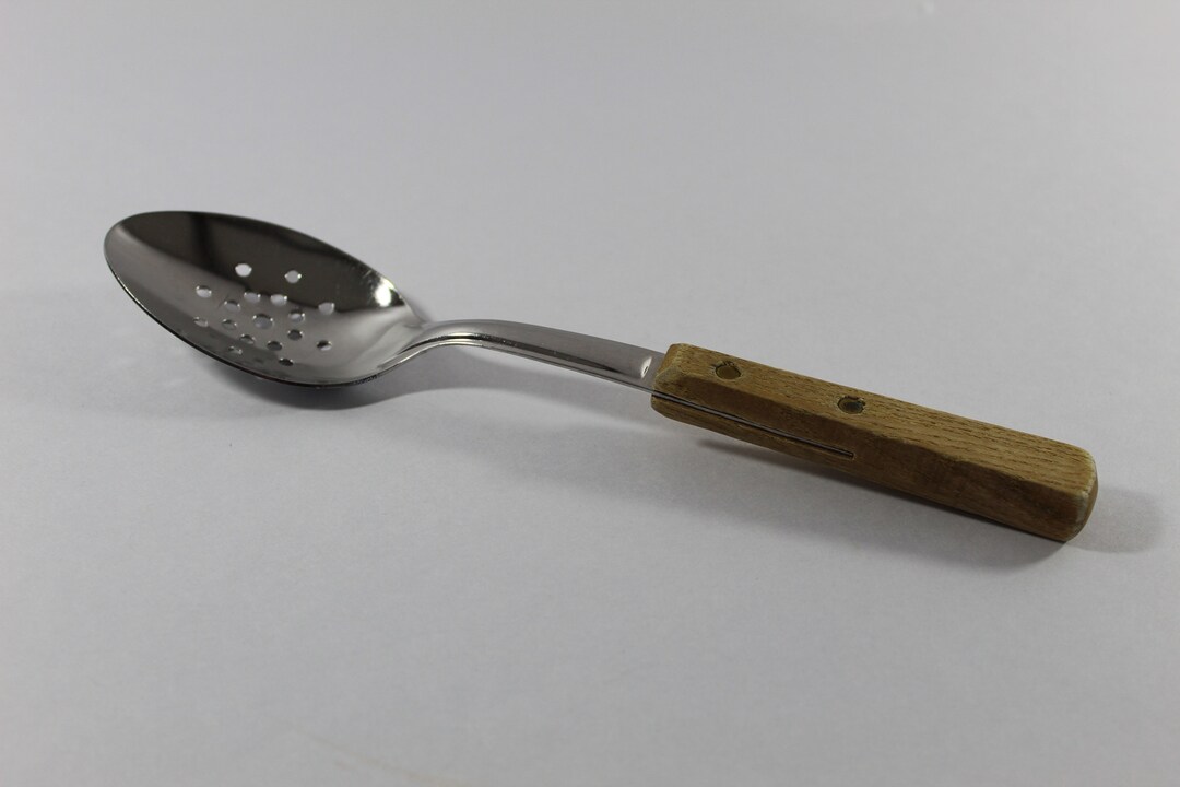 Ekco Slotted Tablespoon Serving Spoon, Wood Handled USA Kitchen Utensil ...