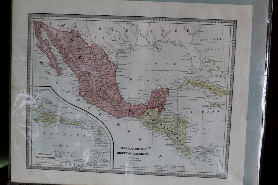 Vintage 1889 Map of Mexico and Central America, George F Cram - Etsy