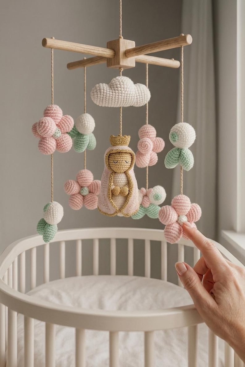 Crochet Virgin Mary Mobile, Pastel Flowers, Clouds, Handmade Nursery ...