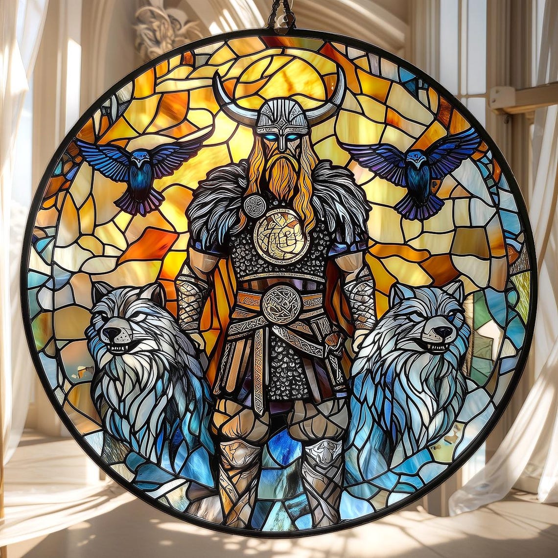 Viking Norse Odin Glass Suncatcher Faux Stained Glass Window Ornament ...